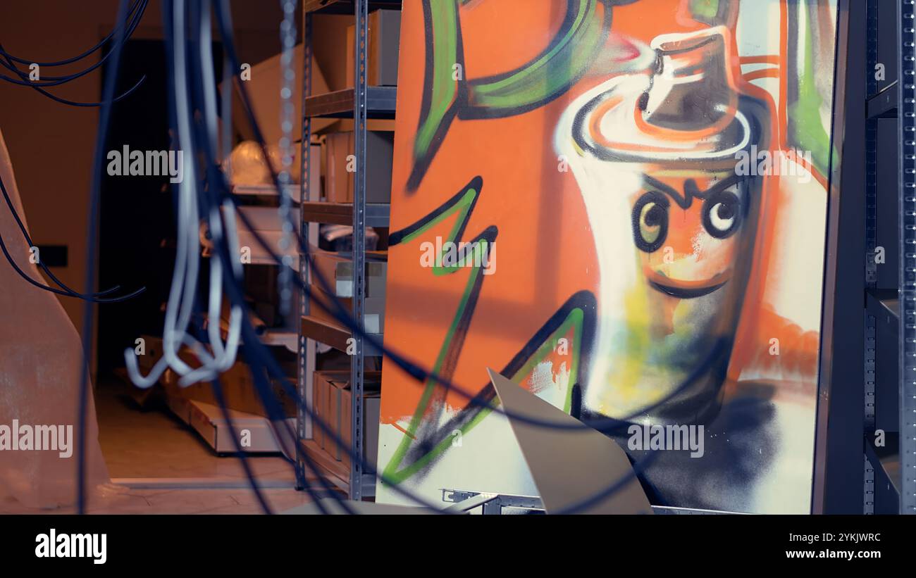 Empty pizza boxes in defective abandoned warehouse with graffiti ...
