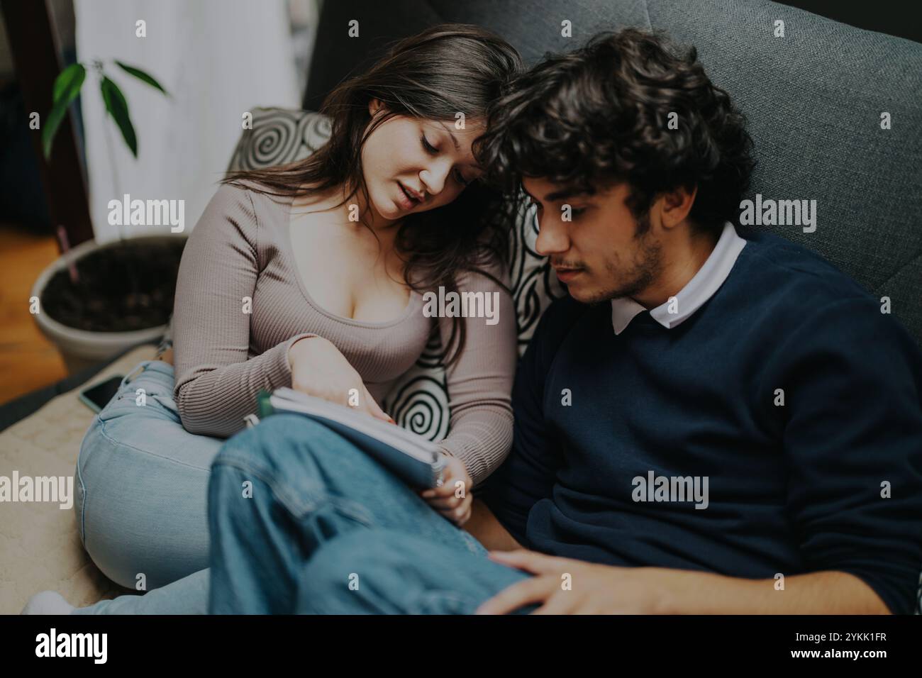 Young couple studying together while sitting on a comfortable couch Stock Photo - Alamy