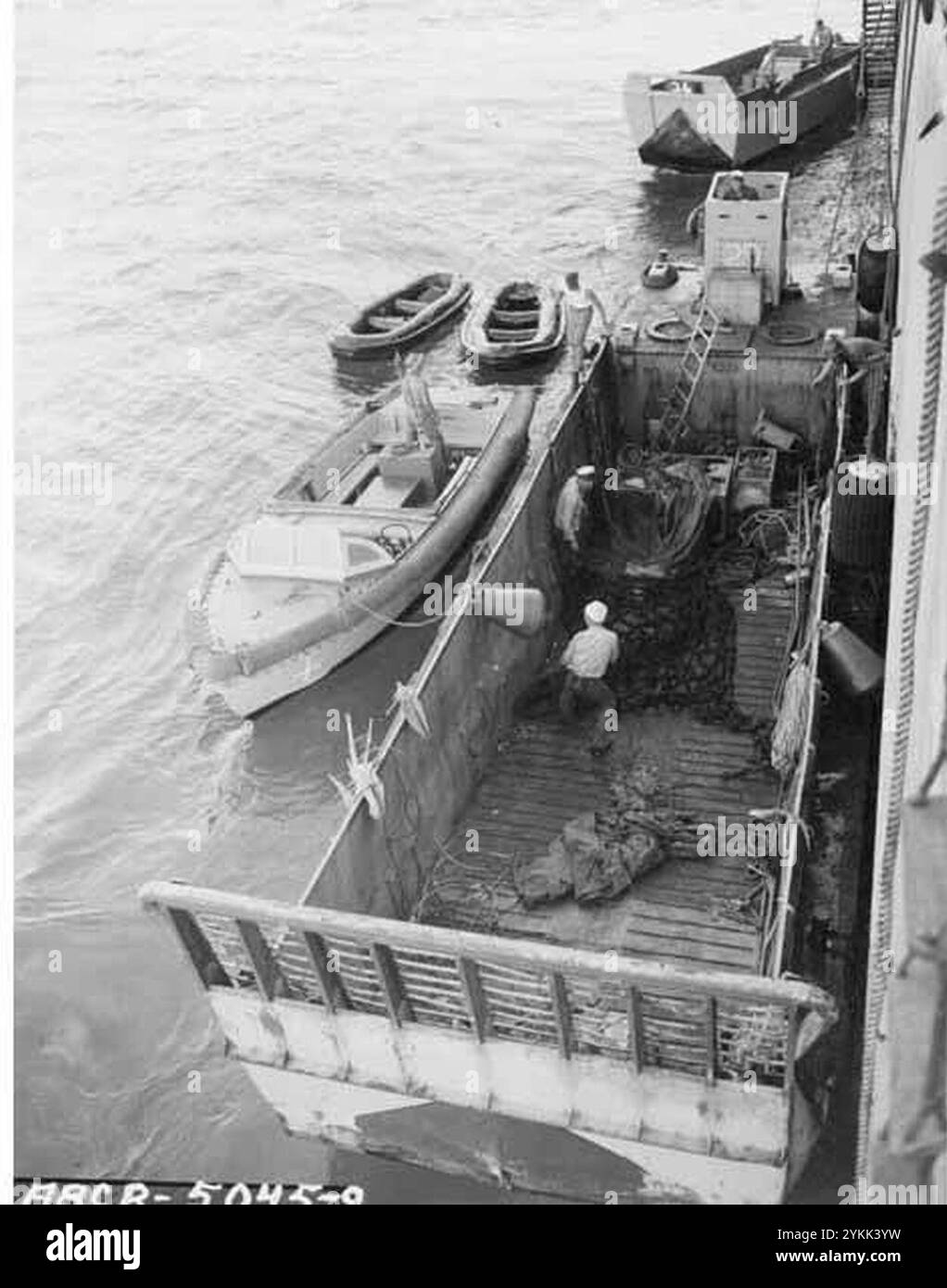 Boats being prepared for shallow water diving in Bikini Atoll lagoon ...