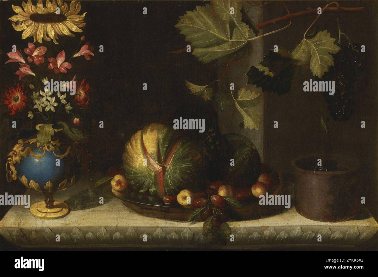 Bodegón con jarrón de flores, frutero y enfriador de vino II Stock ...