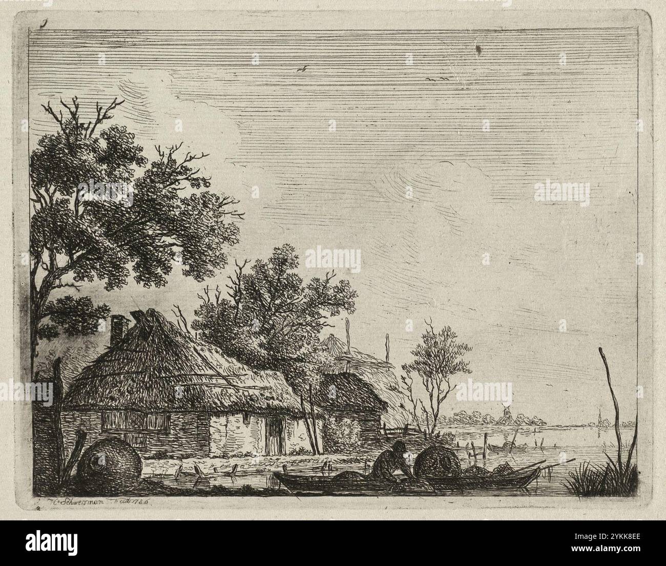 Boerderij bij een plas. Op de voorgrond een visser in een bootje met ...