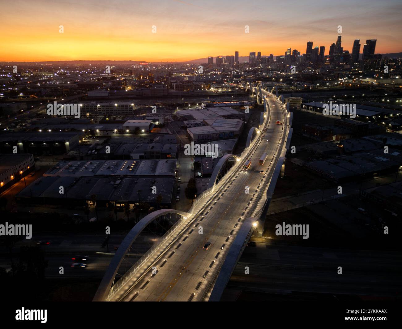 Aerial view of the 6th Street viaduct bridge over the Los Angeles river ...