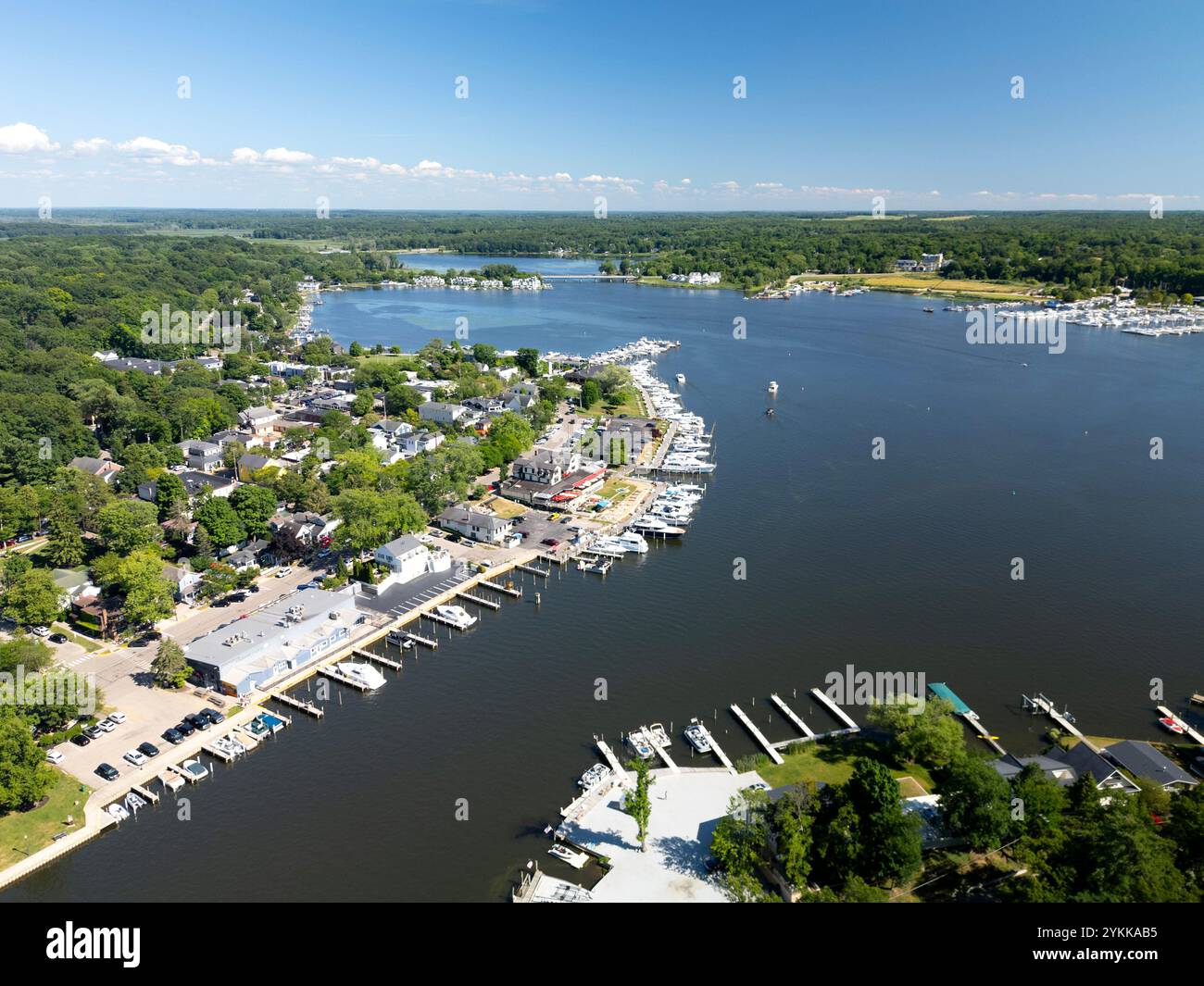 Aerial view of the town Saugatuck and the Kalamazoo River in Michigan ...