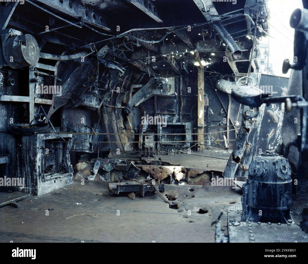 Bomb damage to the starboard quarter gun gallery aboard USS Enterprise ...