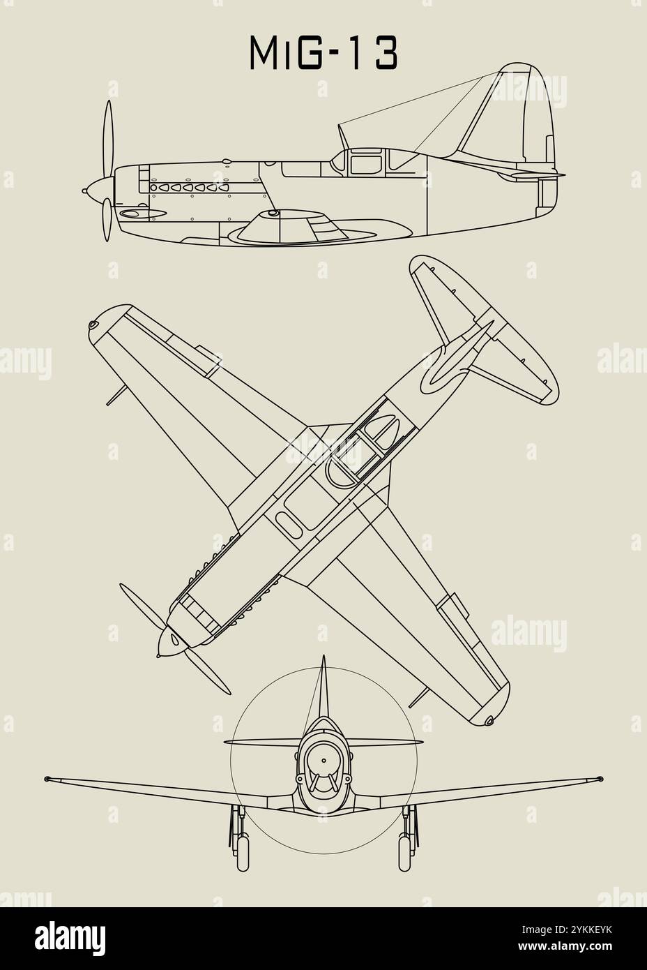 This blueprint showcases a detailed line drawing of a MIG-13 fighter ...