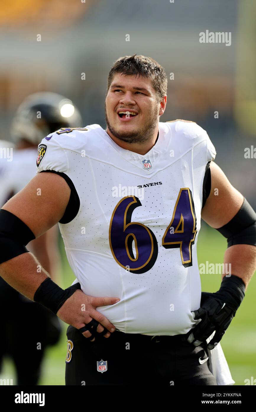 Baltimore Ravens Tyler Linderbaum (64) is seen pregame before an NFL ...