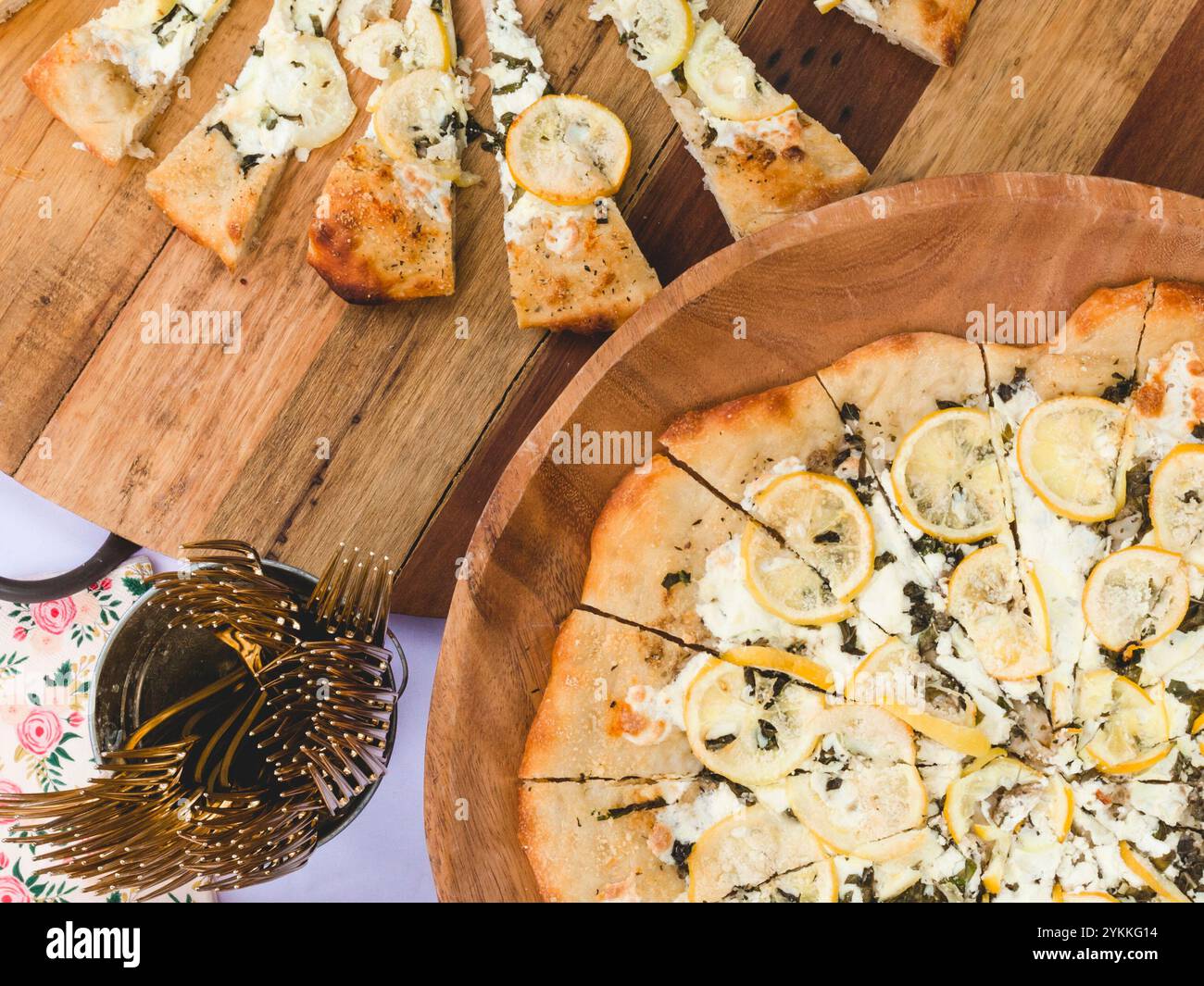 Gourmet Homemade Lemon Ricotta Pizza Flatbread Display Slices Overhead ...