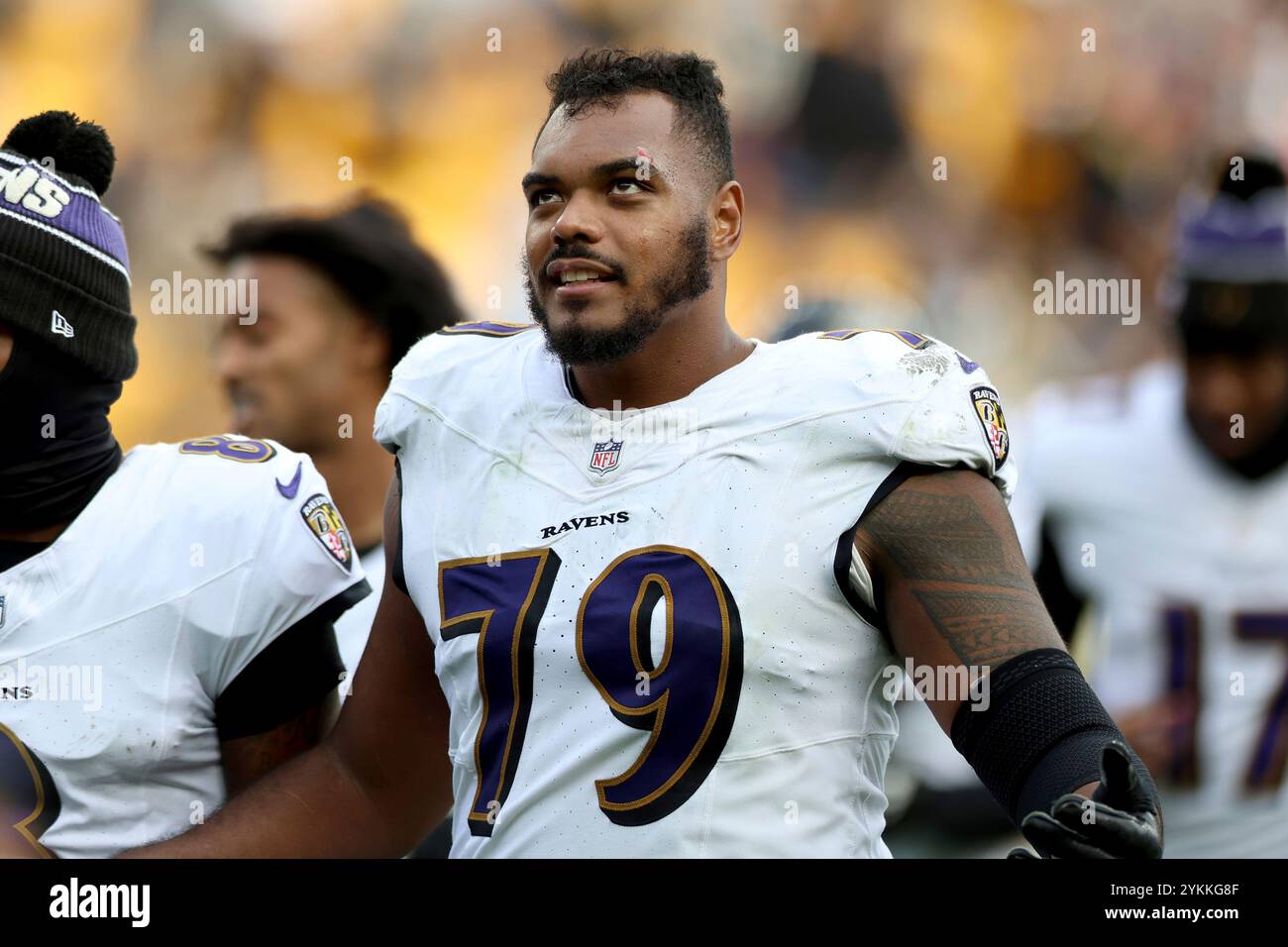 Baltimore Ravens Ronnie Stanley (79) is seen at halftime during an NFL ...