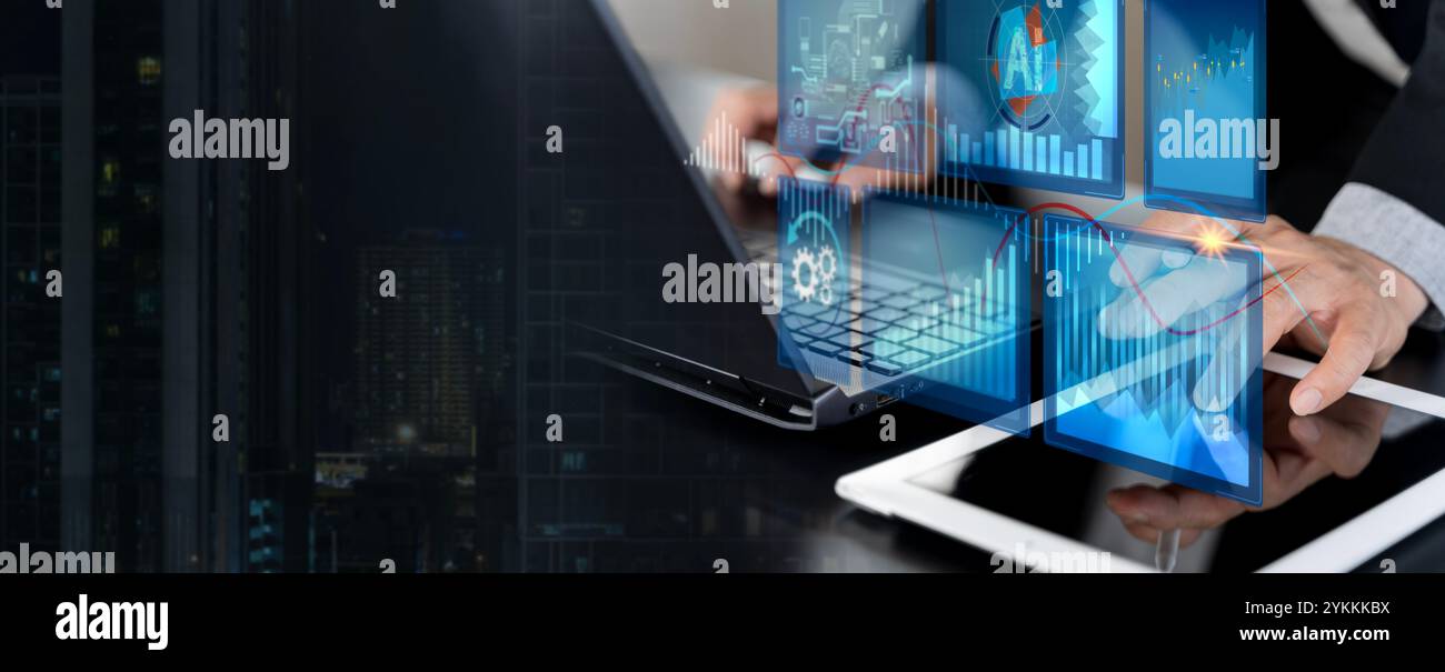 AI Artificial Intelligence. Business woman using AI technology for data analysis, coding ...