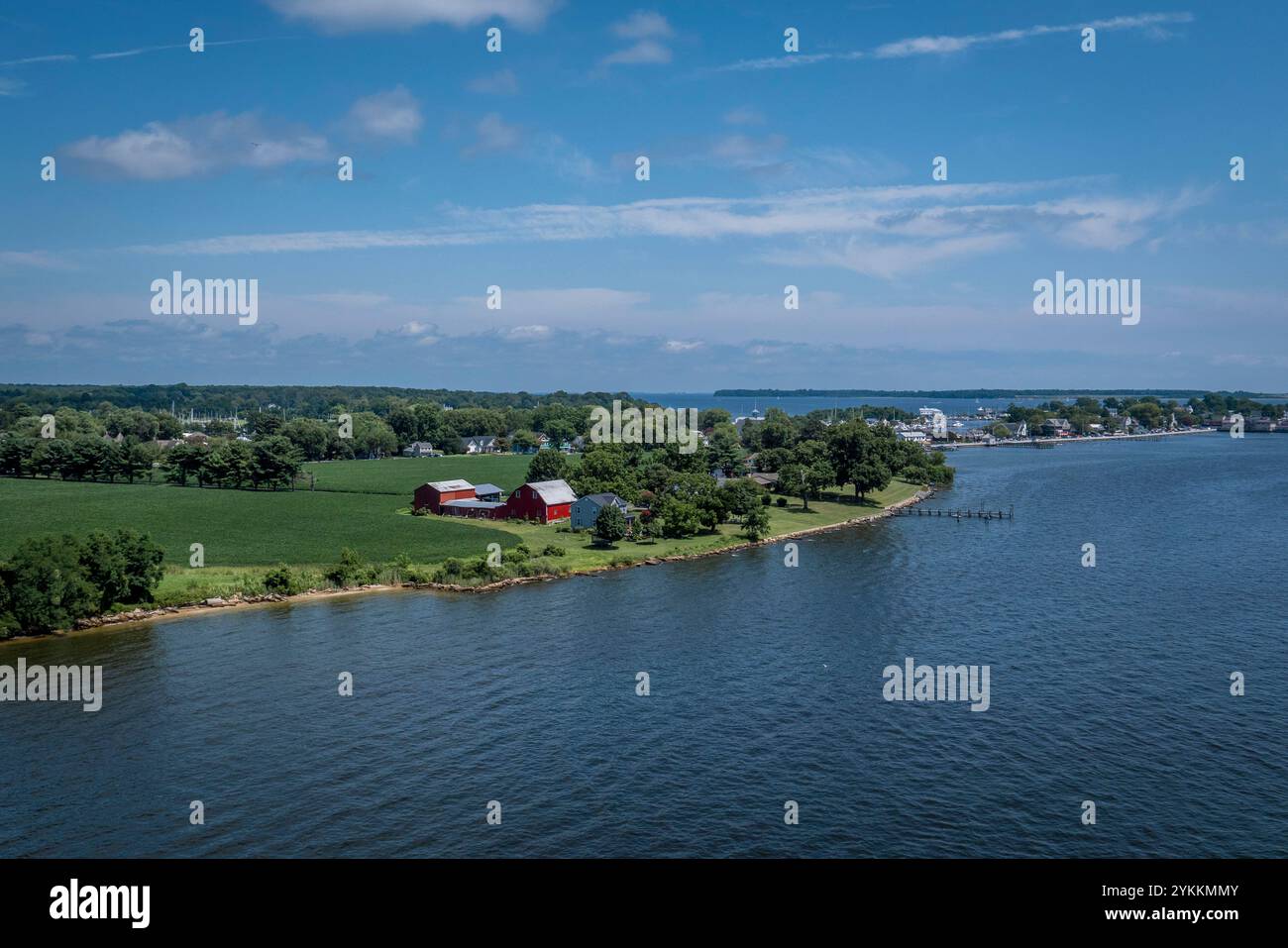 Scenic of soybean field and red barn on the banks of the Patuxent River ...