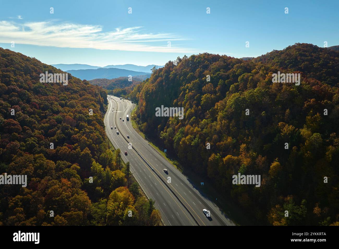 Aerial view of I-40 freeway in North Carolina leading to Asheville ...