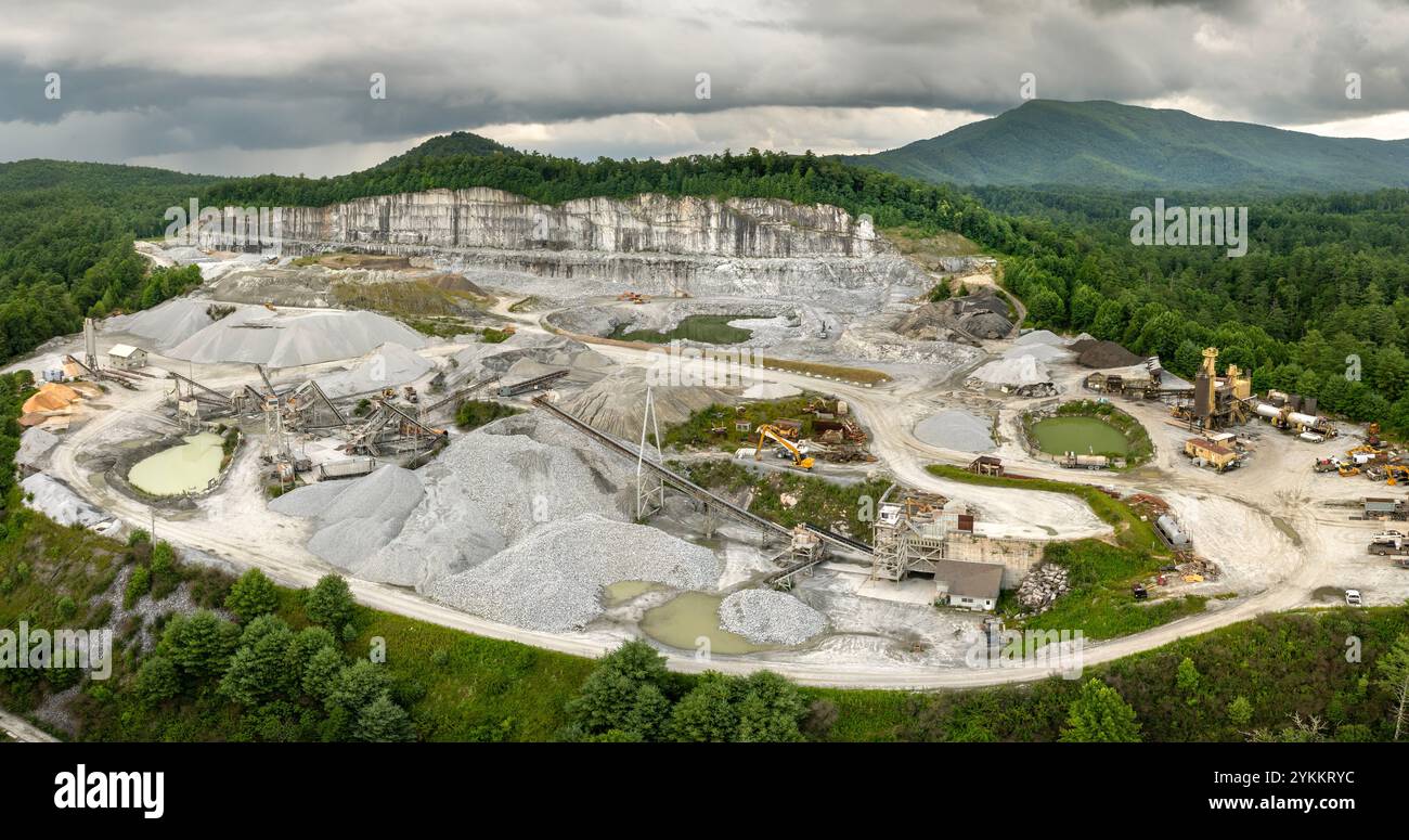 Aerial view of open pit mining site of limestone materials extraction ...