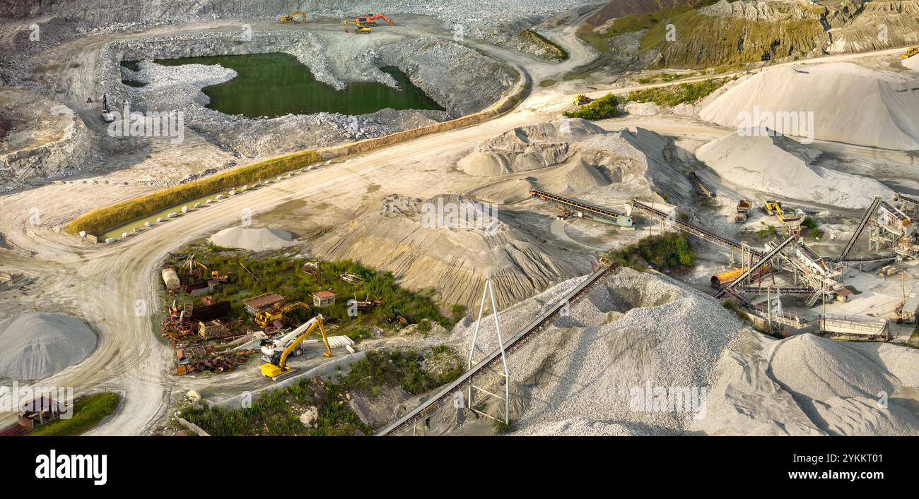 Aerial view of open pit mining site of limestone materials extraction ...