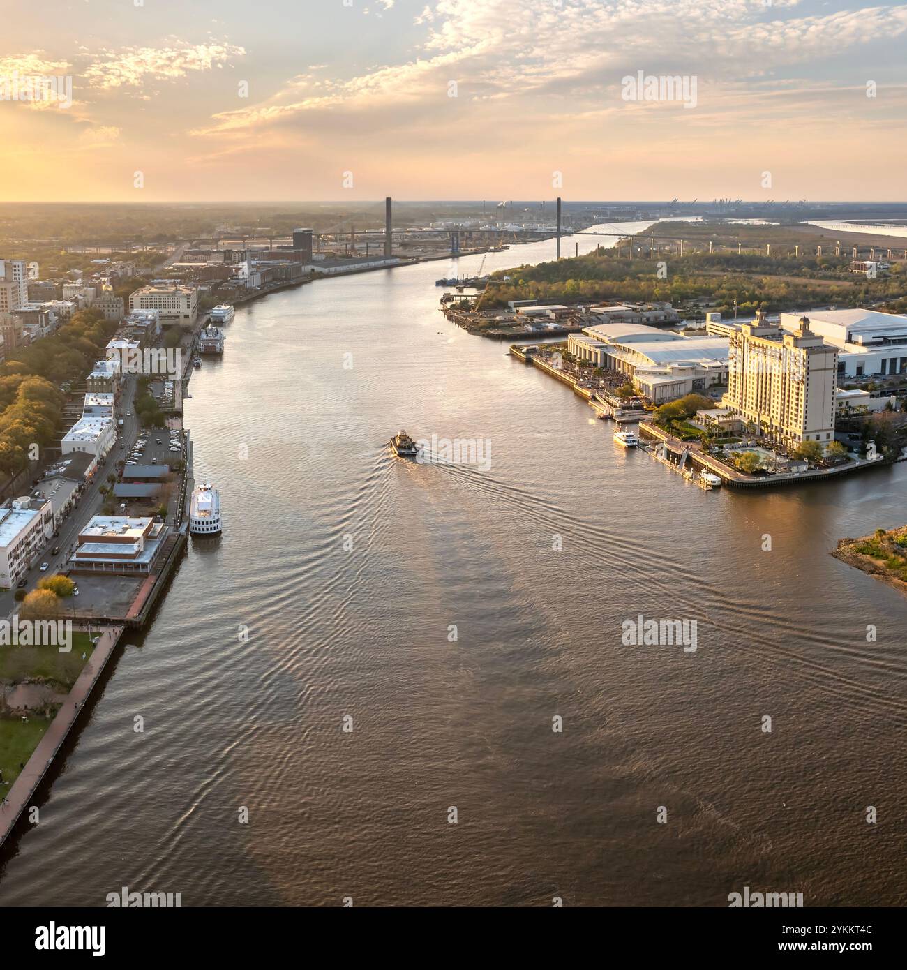 Aerial view of River Street in Savannah, Georgia. American city old ...