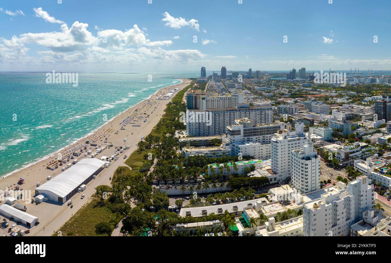 American southern seashore of Miami Beach city. Tourist infrastructure in Florida, USA. South ...