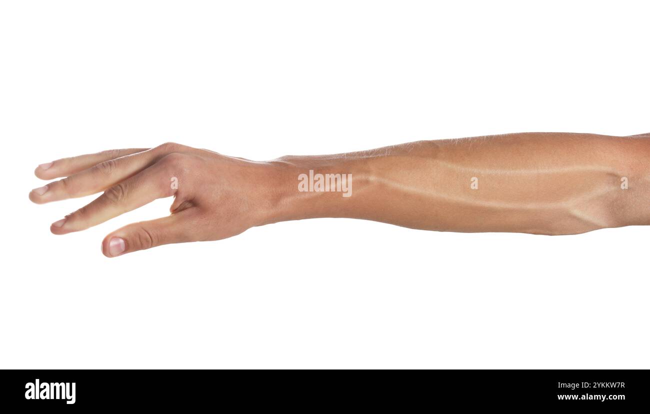 Man with bulging veins on his arm against white background, closeup ...