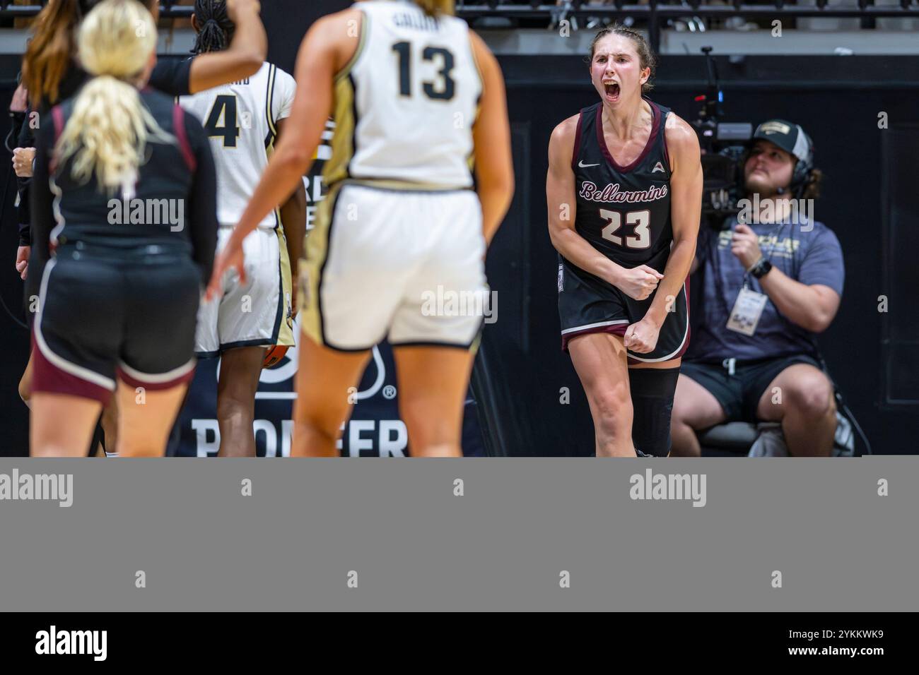 Bellarmine guard Hayley Harrison (23) reacts after scoring during an ...