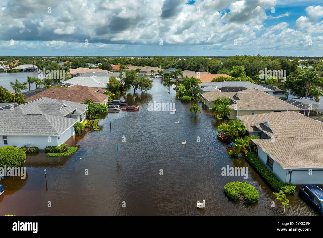 Flooded residential area with underwater houses from hurricane rainfall ...