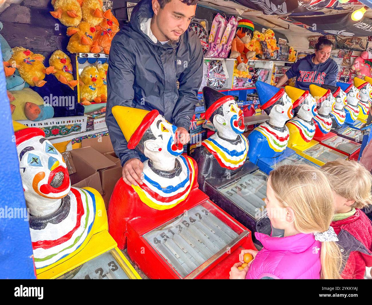 Traditional funfair clowns at fairground stall, Canterbury A&P Show ...