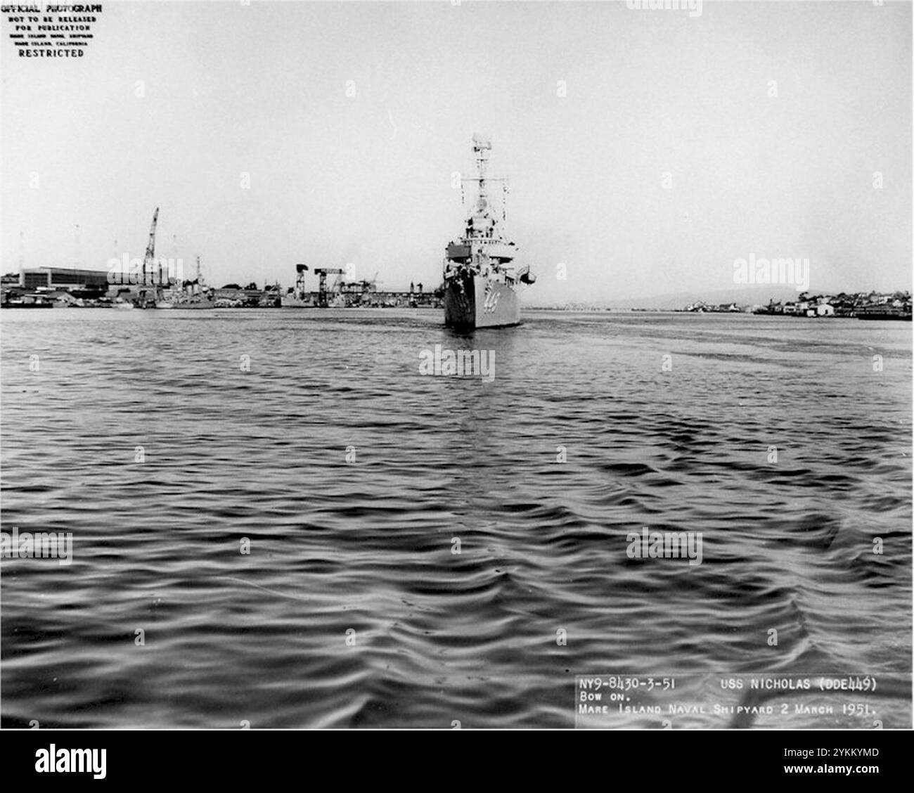 Bow view of USS Nicholas (DD-449) off the Mare Island Naval Shipyard ...