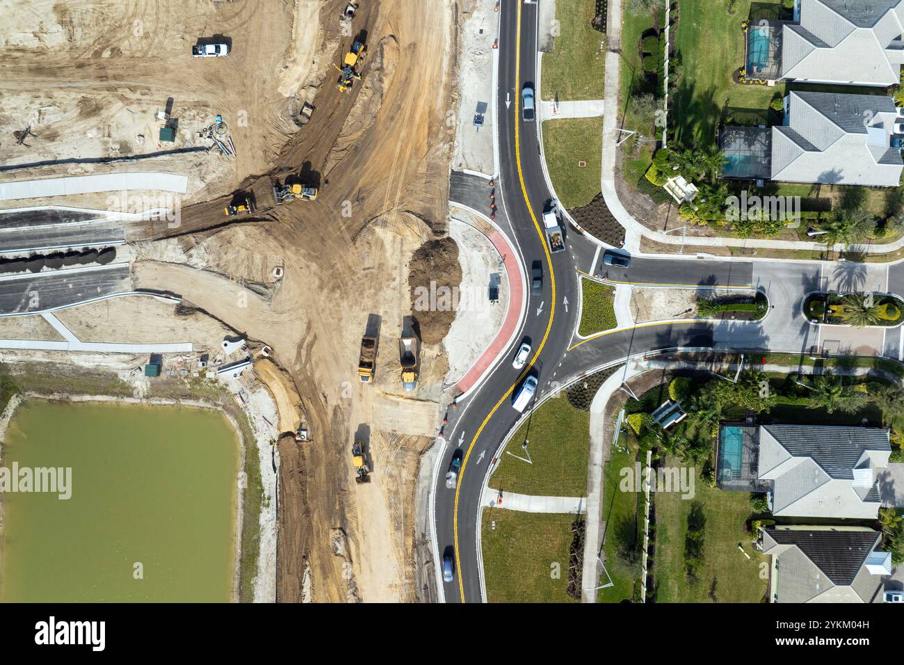 Industrial roadworks. Roundabout on wide American highway under ...
