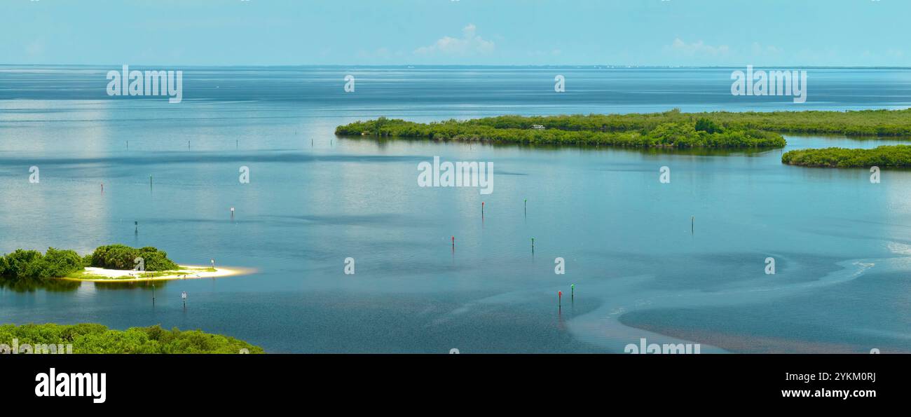 Overhead view of Everglades swamp with green vegetation between water ...