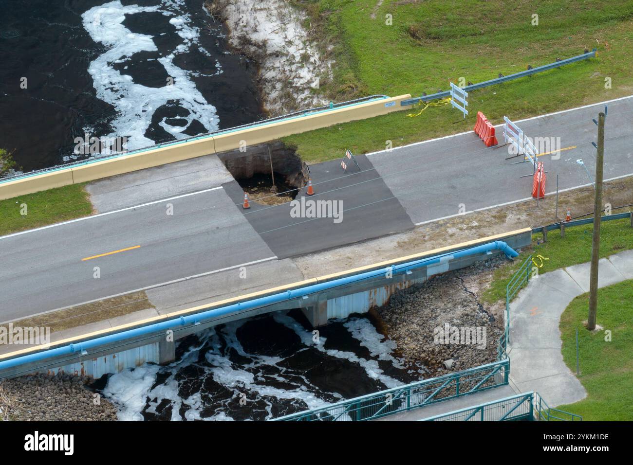 Roadworks site. Reconstruction of damaged road bridge destroyed by ...