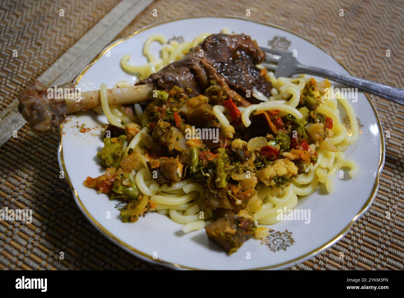 Food preparation, small pieces of roast duck with white onion ...