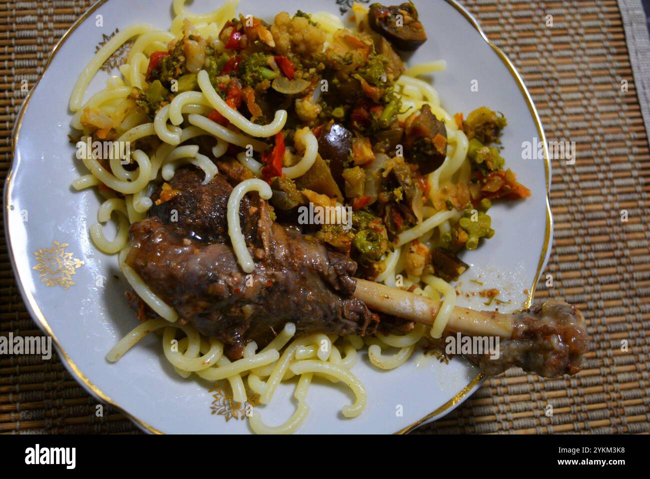 Food preparation, small pieces of roast duck with white onion ...