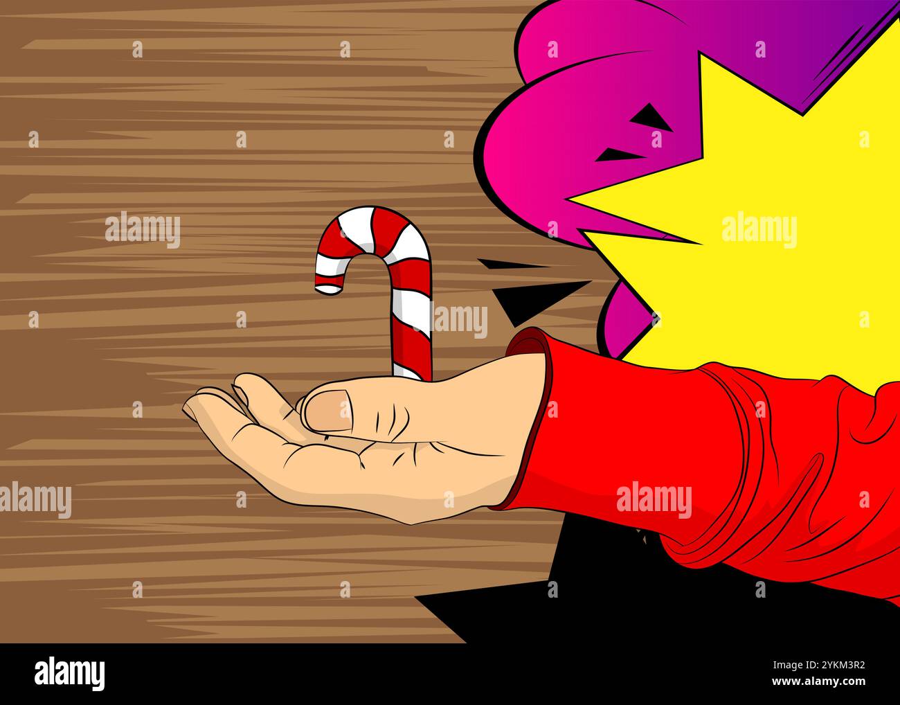 Cartoon, comic book human hands holding Candy cane. Retro vector comics ...