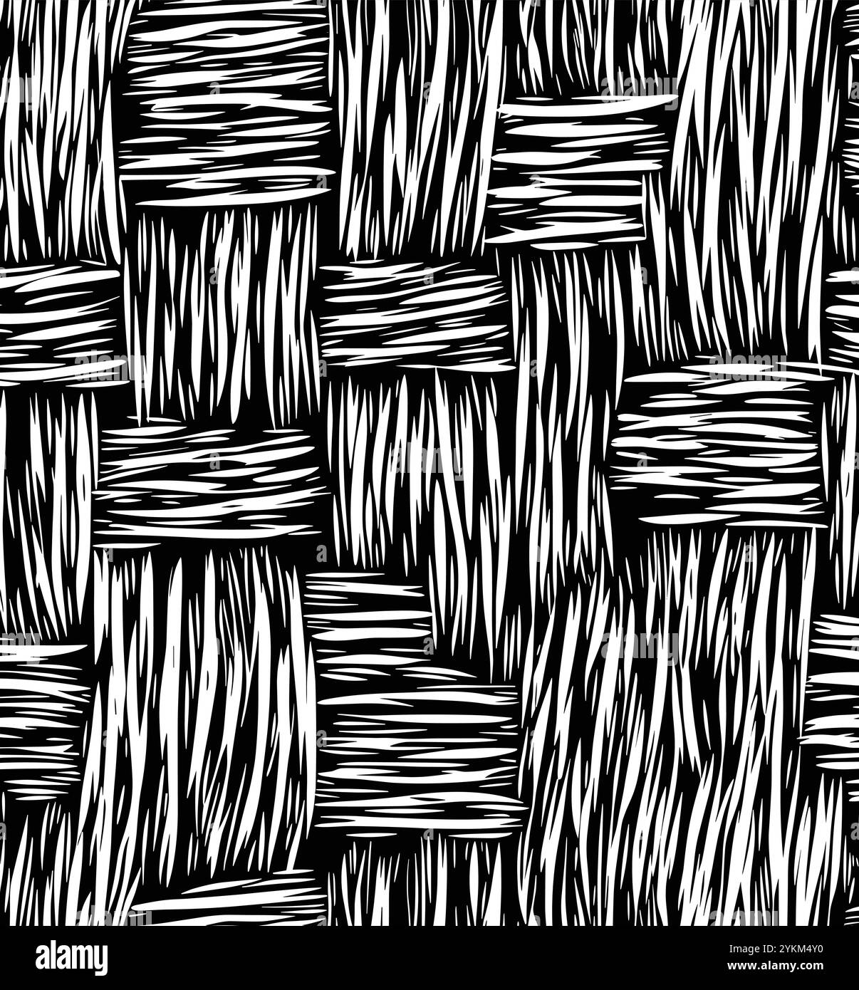Black and white, hand-drawn seamless pattern of large, woven wicker ...
