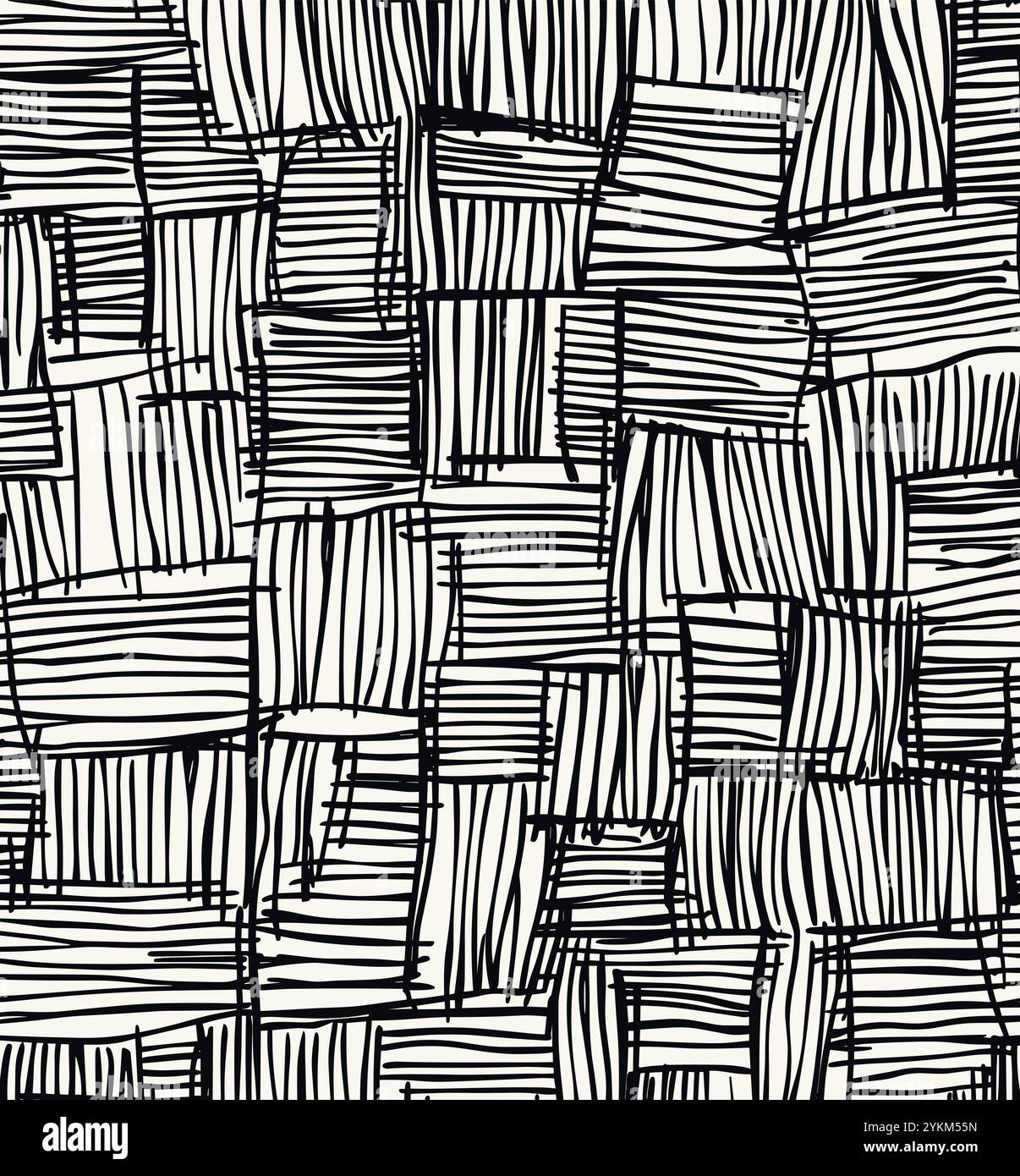 Black and white, hand-drawn seamless pattern of large, woven wicker ...