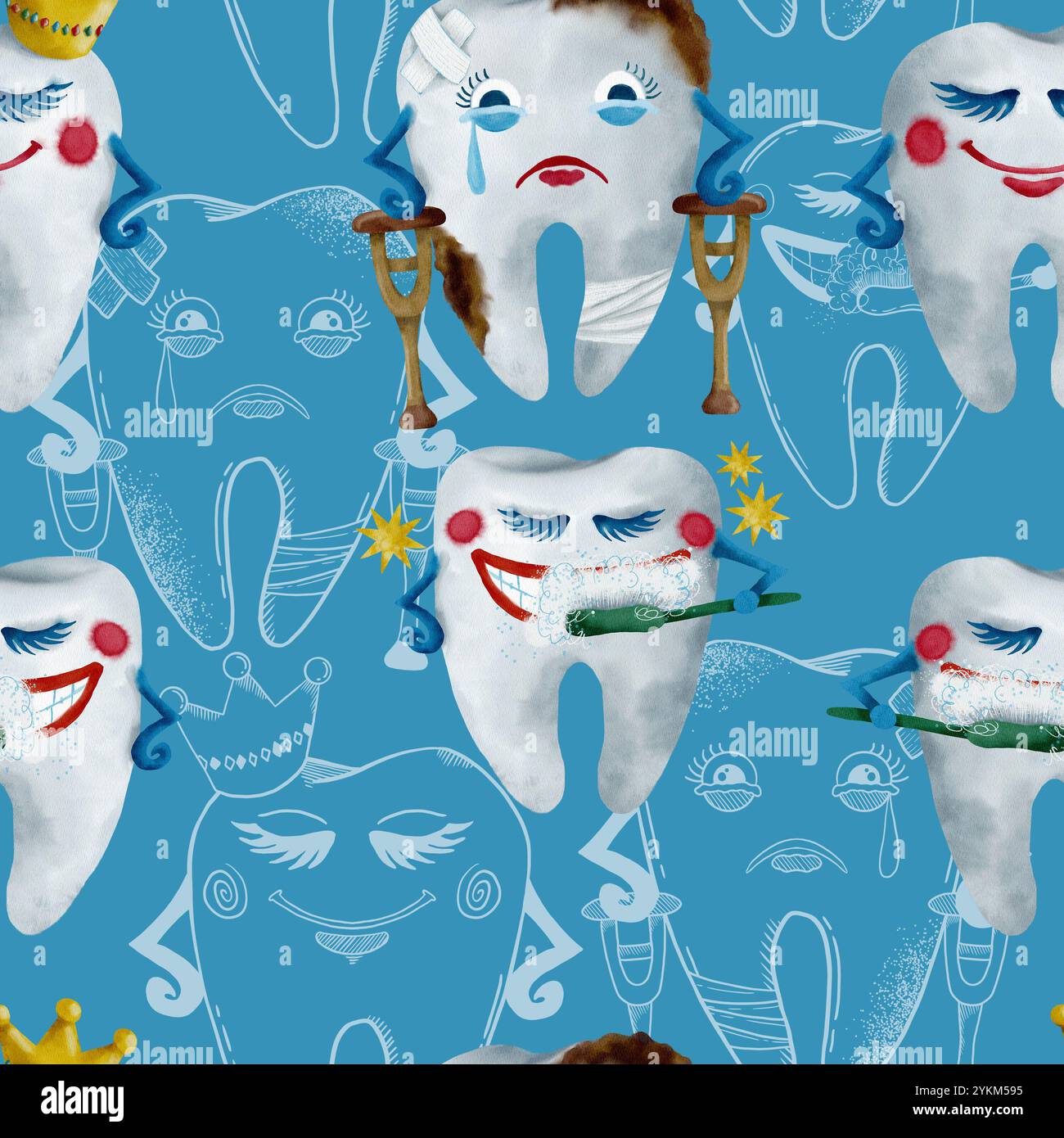A playful pattern featuring cartoon teeth with diverse expressions ...