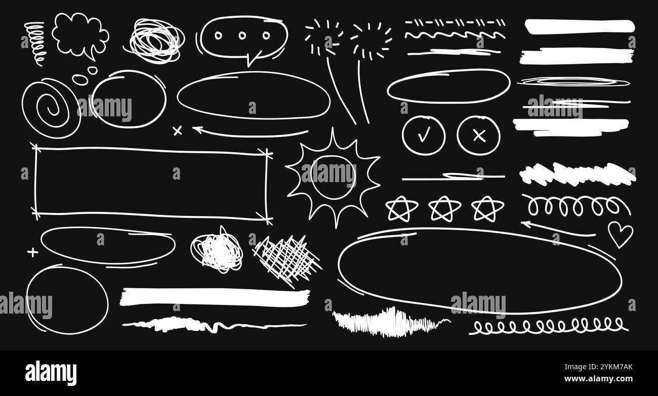 Hand drawing scribble element collection isolated on black background ...