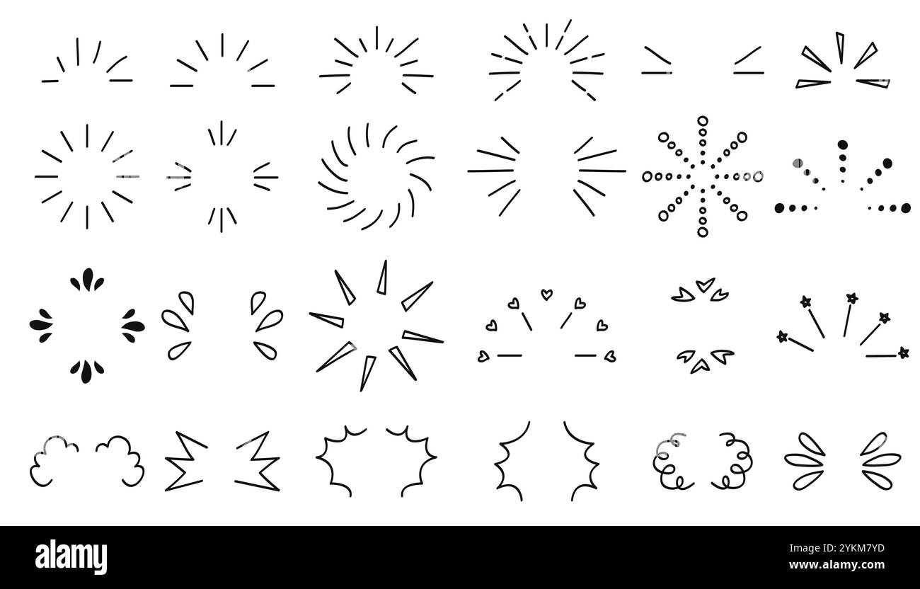 Doodle line sparkles and rays. Hand- drawn explosion lines confetti ...