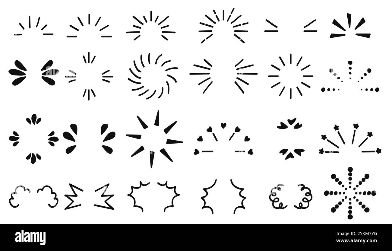 Doodle line sparkles and rays. Hand- drawn explosion lines confetti ...