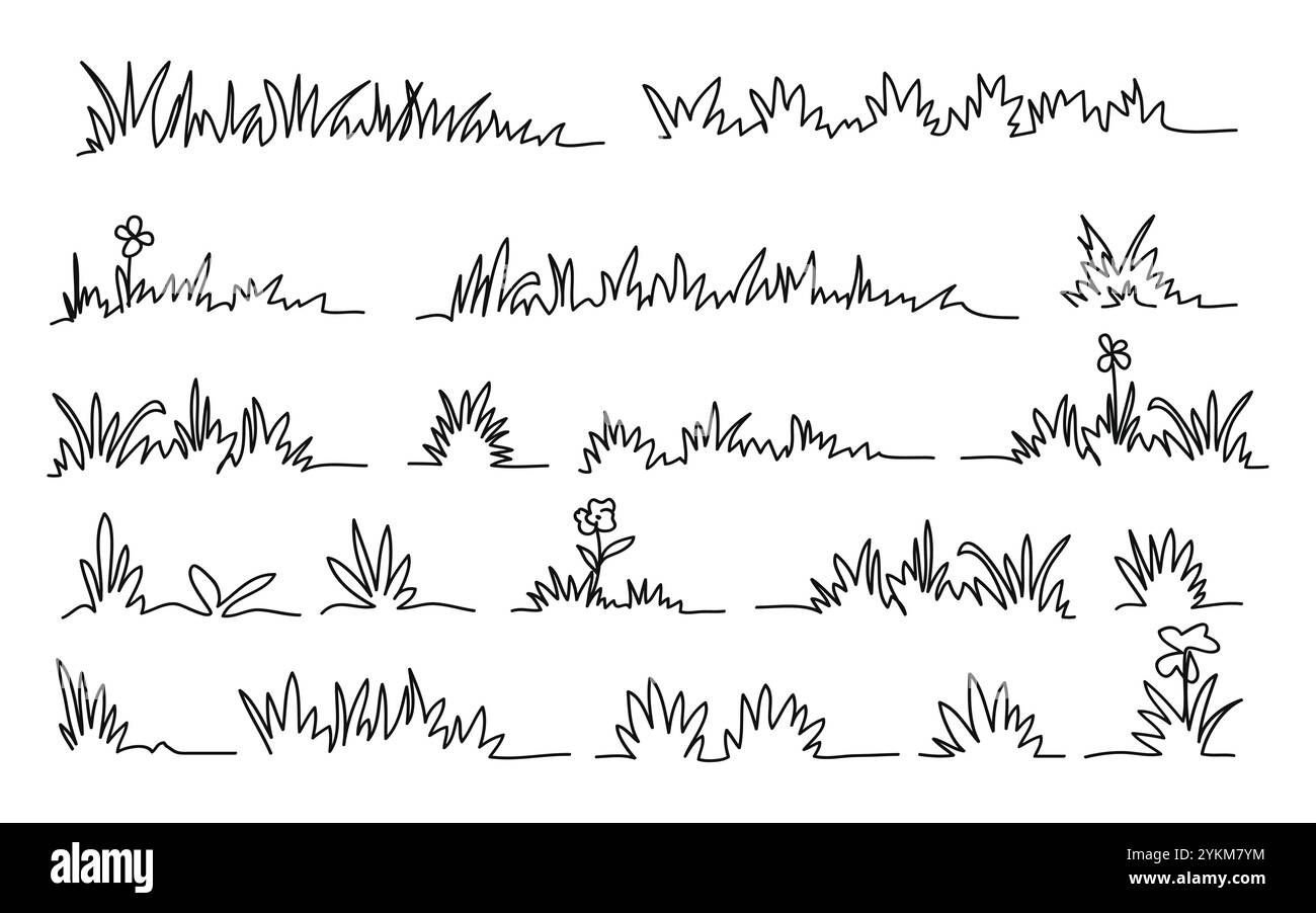 Doodle grass. Sketch natural field grass. Outline hand drawn wild ...