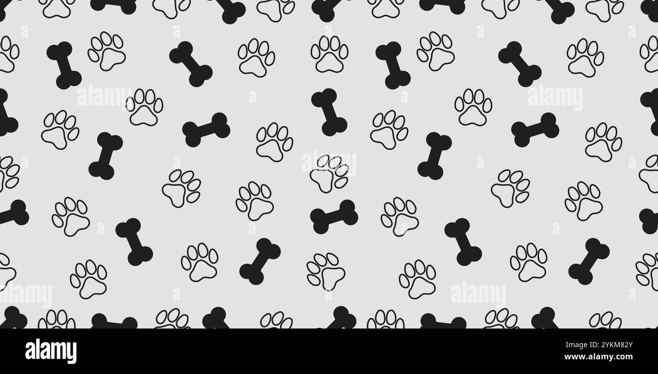 Seamless pattern of paw and bones in black on white background ...