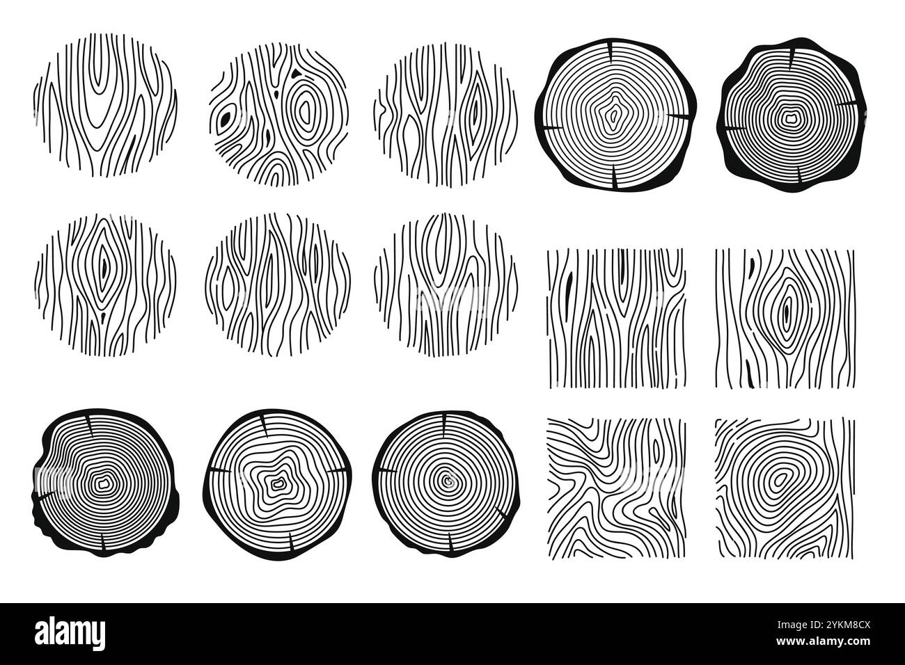 Wooden texture. Hand drawn wood tree rings. Graphics round, square ...