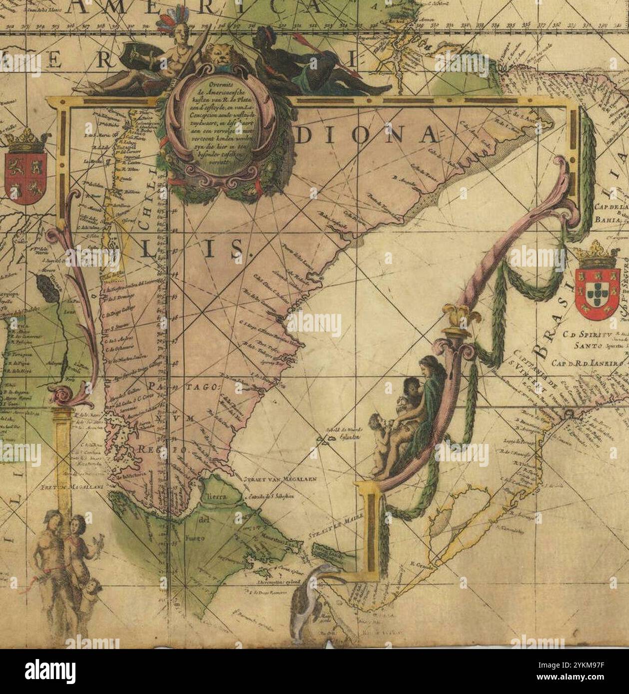 Brazil cartouche with submap, in an Atlantic map by Blaeu Stock Photo ...