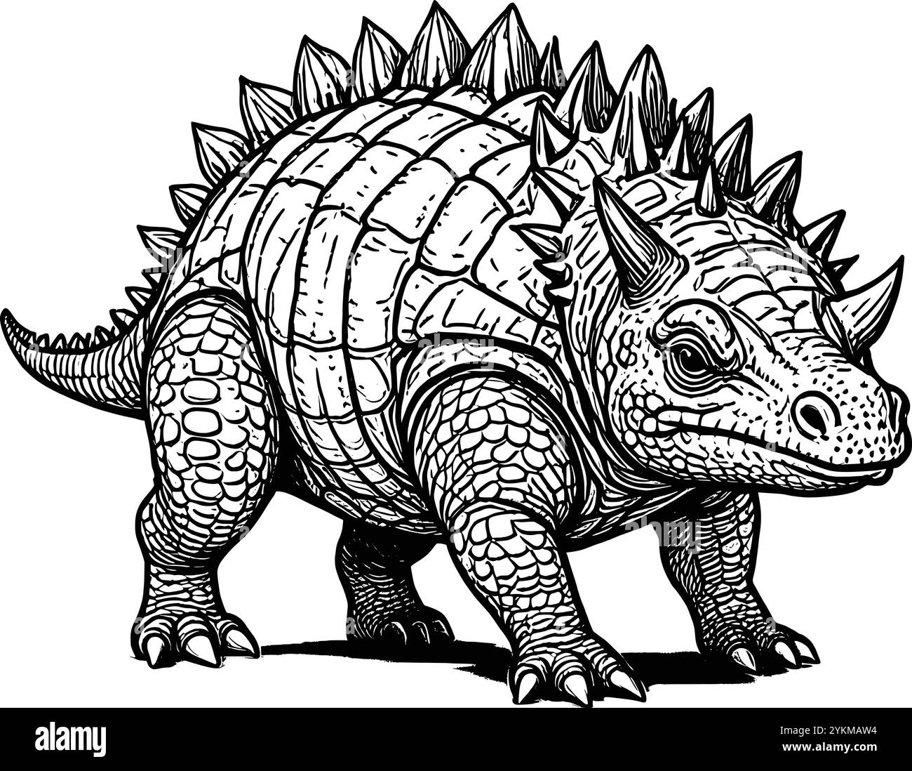 A detailed line drawing of a dinosaur, a heavily armored dinosaur with ...