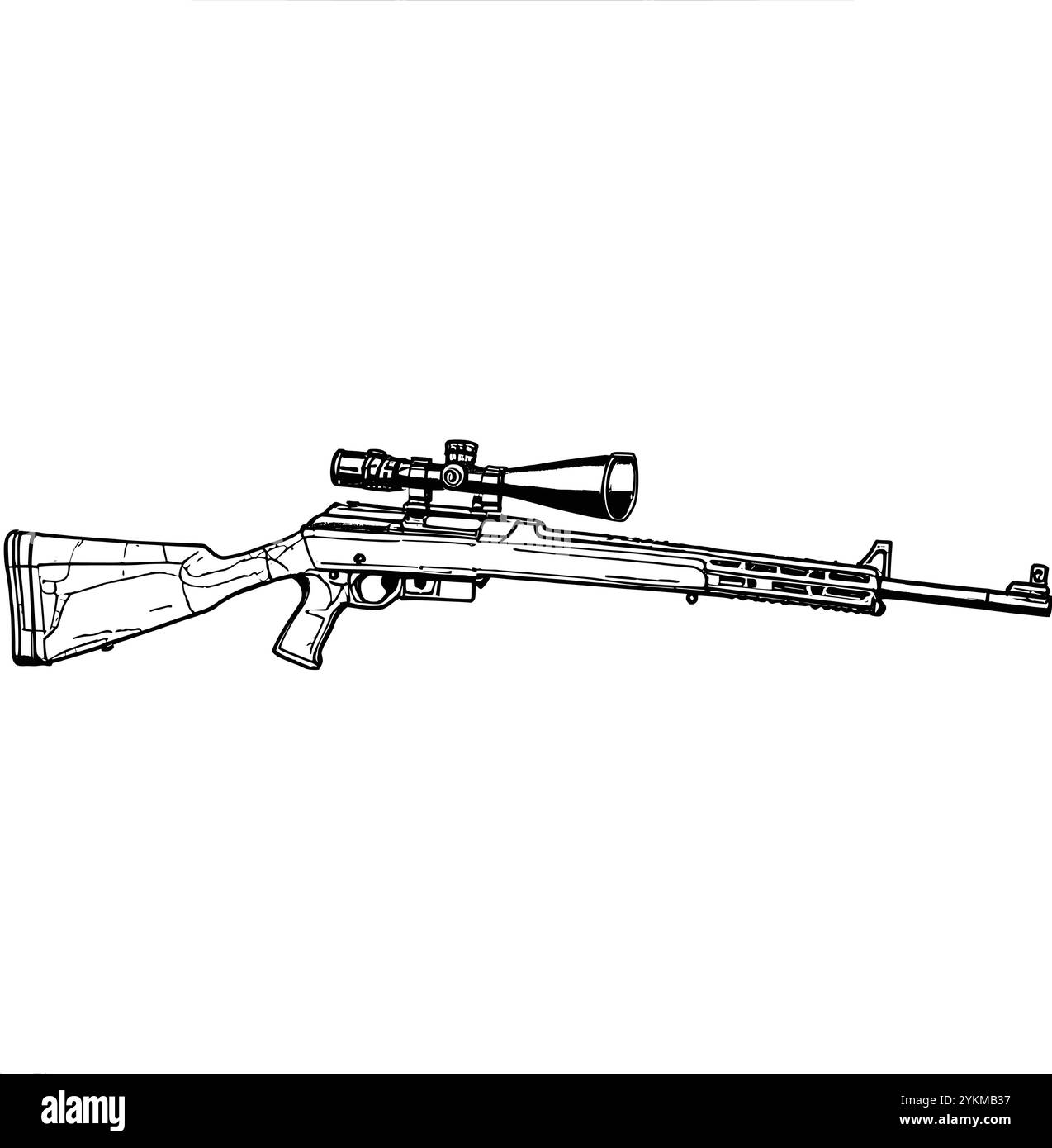 A detailed line drawing of a rifle with a scope, perfect for a hunting ...