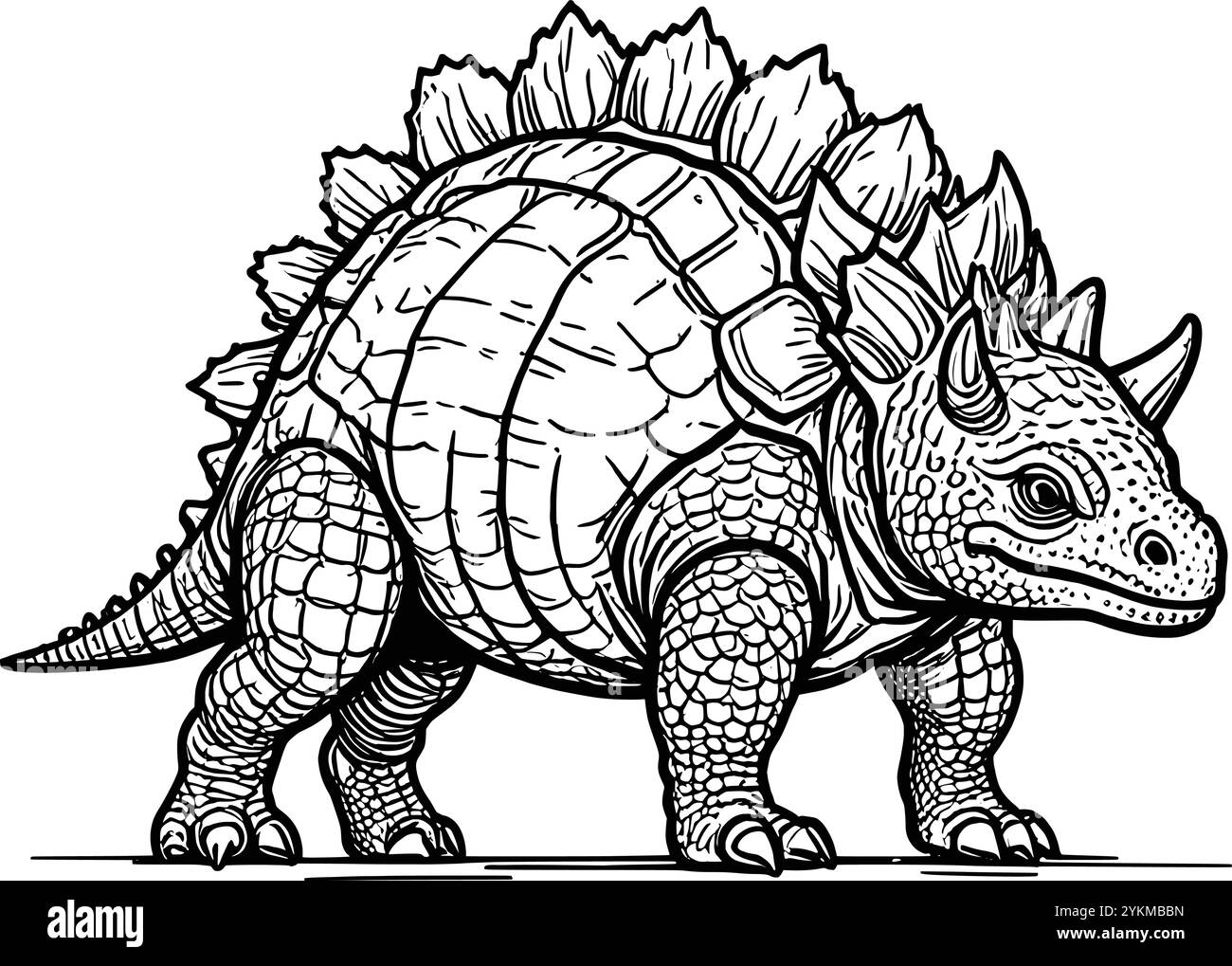 A detailed line drawing of a dinosaur, a heavily armored dinosaur with ...