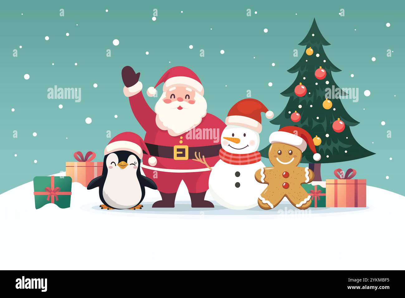 Santa claus with snowman gingerbreadman and penguin with christmas ...