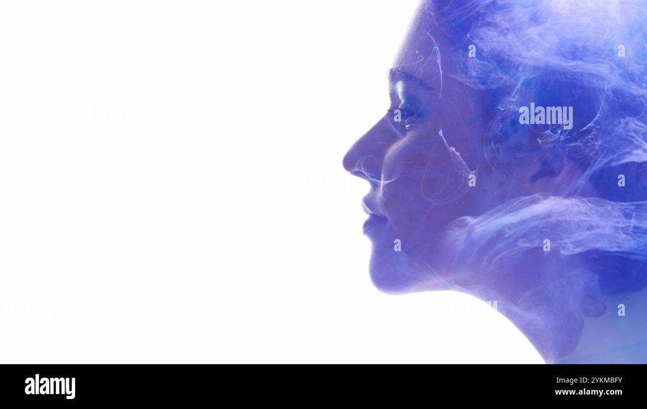 Mist portrait. Inner peace. Blue purple smoking in female head ...