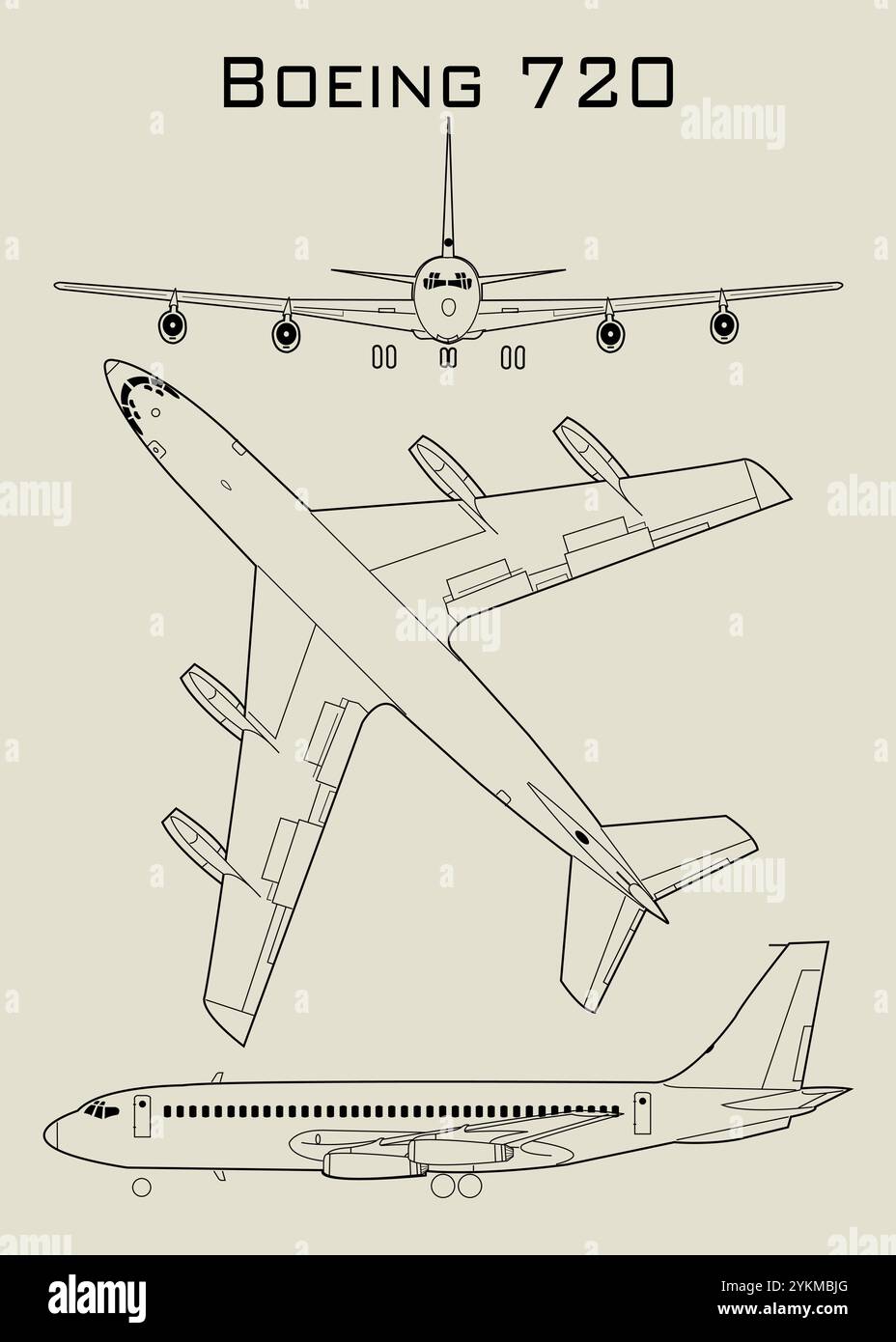 This blueprint showcases a detailed line drawing of a Boeing 720 ...