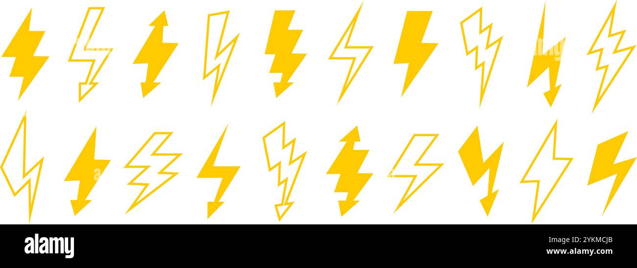 Yellow lightning bolt set. Solid and outline thunder bolt symbol ...