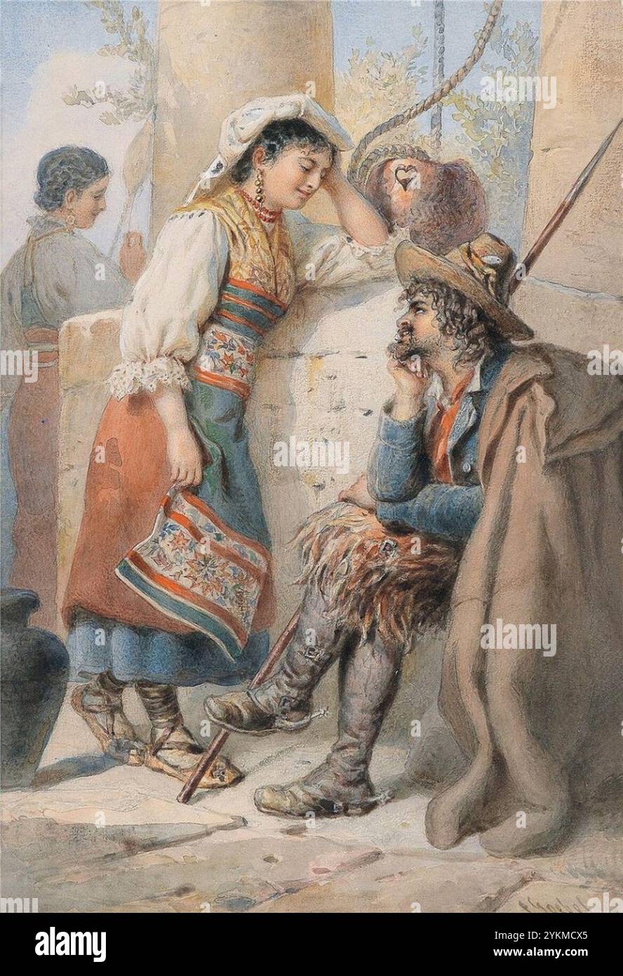 Brigand and young Italian peasant girl in conversation at a fountain ...