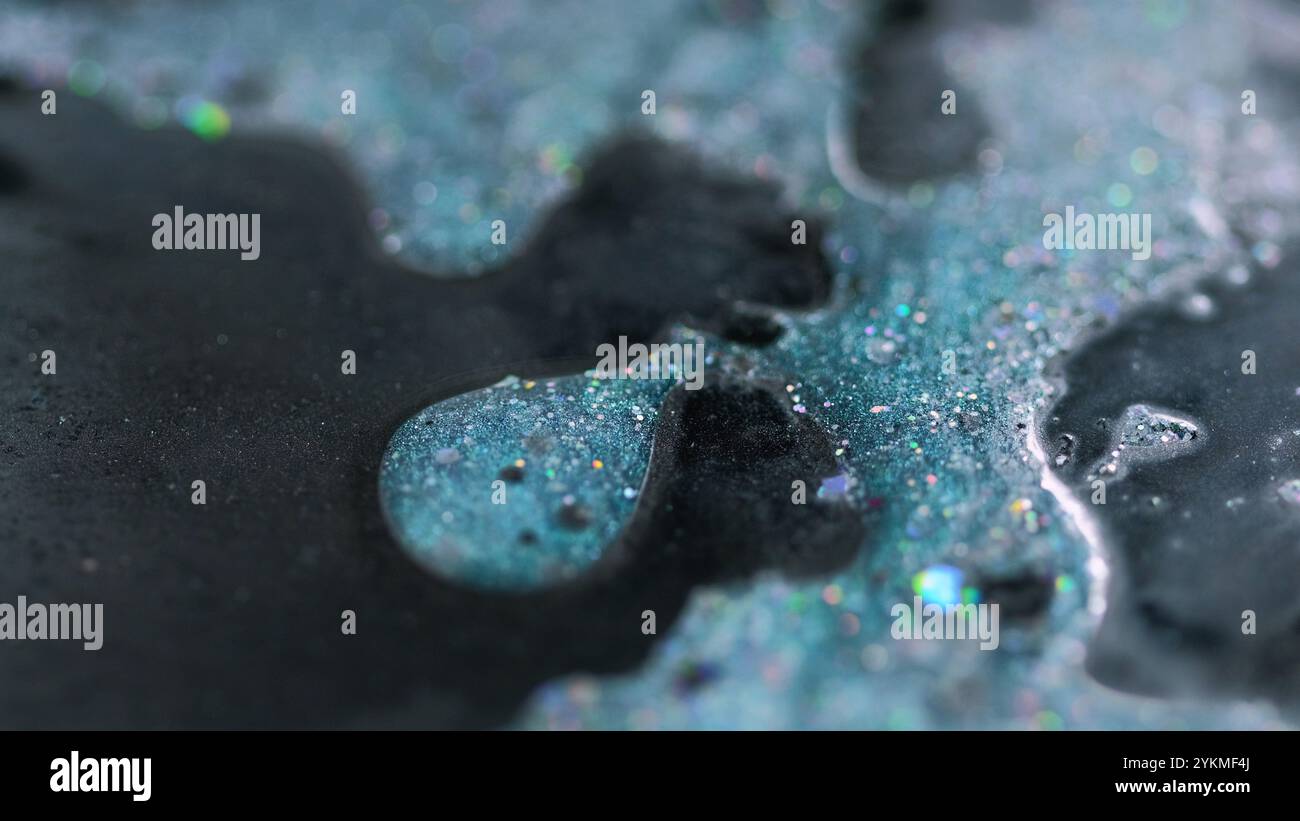 Liquid glitter spill. Ink fluid. Blur teal black color holographic ...