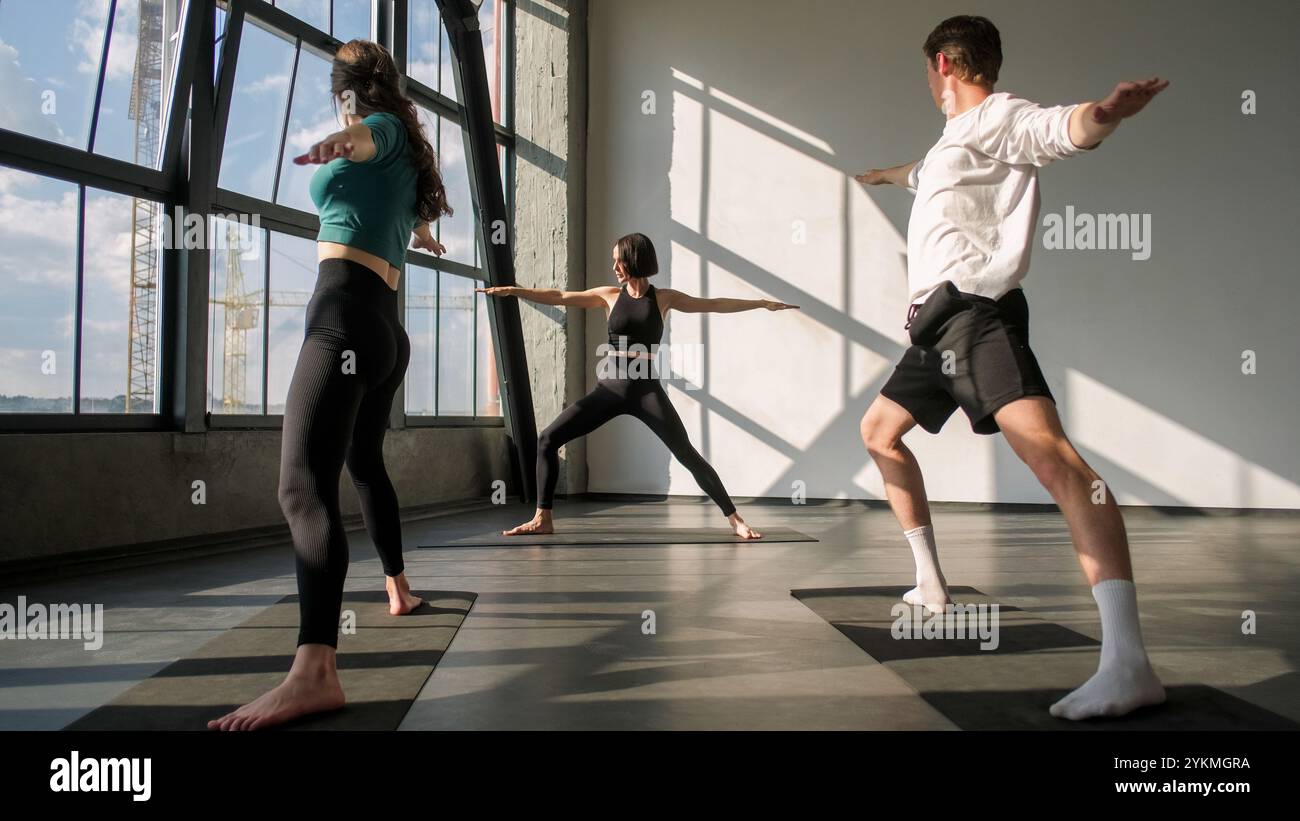 Yoga group. Balance exercise. Fit people practice warrior pose asana ...
